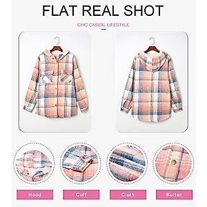 Dokotoo Fashion 2024 Winter Womens Ladies Plaid Shacket Jacket Women Sherpa Lined Fleece Fur Hooded Button Down Long sleeve Flannel Shirts Fluffy Warm Thick Oversized Outwear Coat with Pockets Pink M