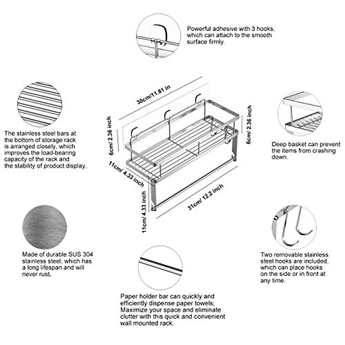 ESOW Paper Towel Holder with Shelf Storage, Adhesive Wall Mount 2-in-1 Basket Organizer for Kitchen & Bathroom, Durable Metal Wire Design, Stainless Steel 304 Brushed Nickel Finish