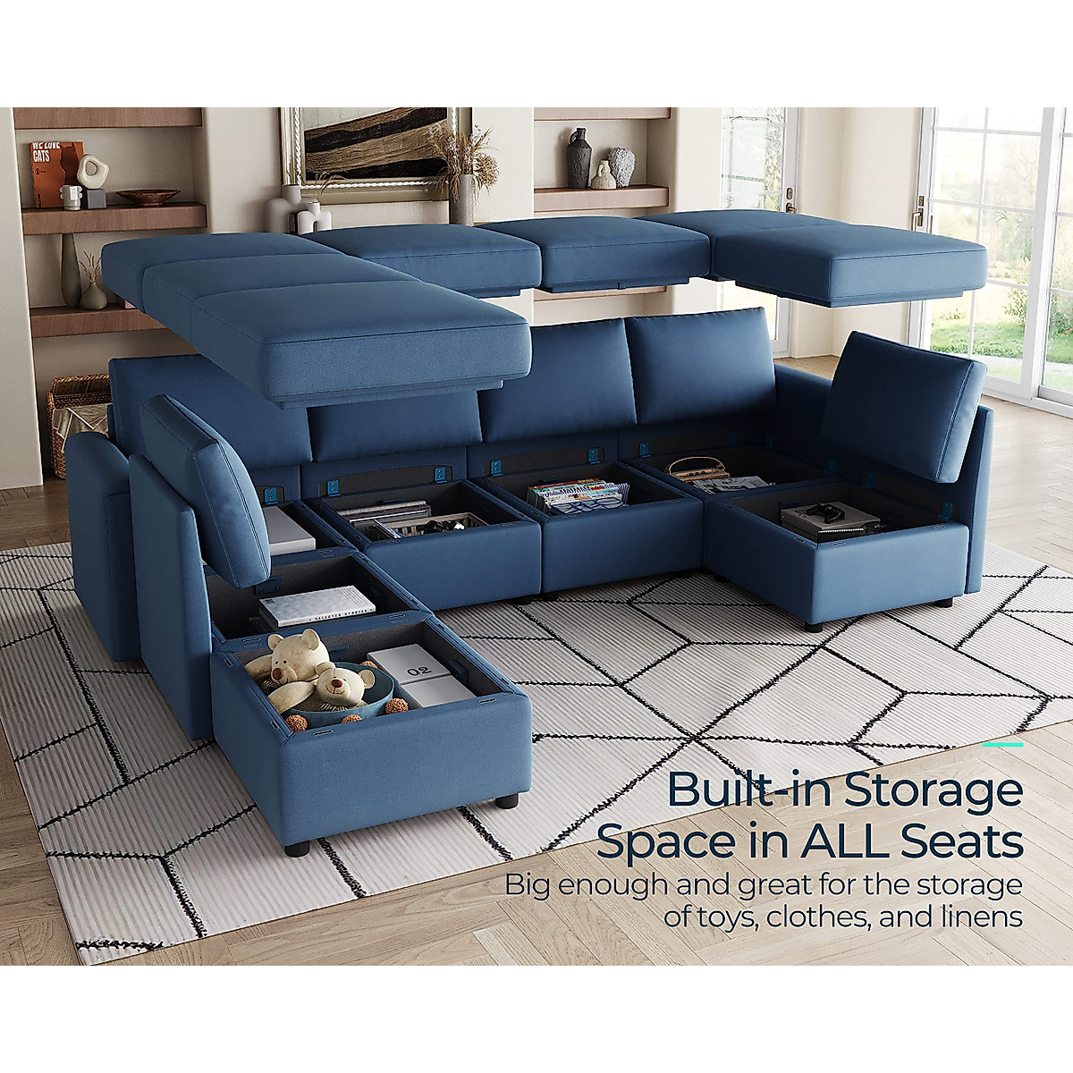 LINSY HOME Modular Sectional Sofa, U Shape Oversized Sofa Couch with Storage, Memory Foam, Modular Sectionals with Ottomans, 7 Seat Living Room Furniture Sofa Sets with Chaise, Blue