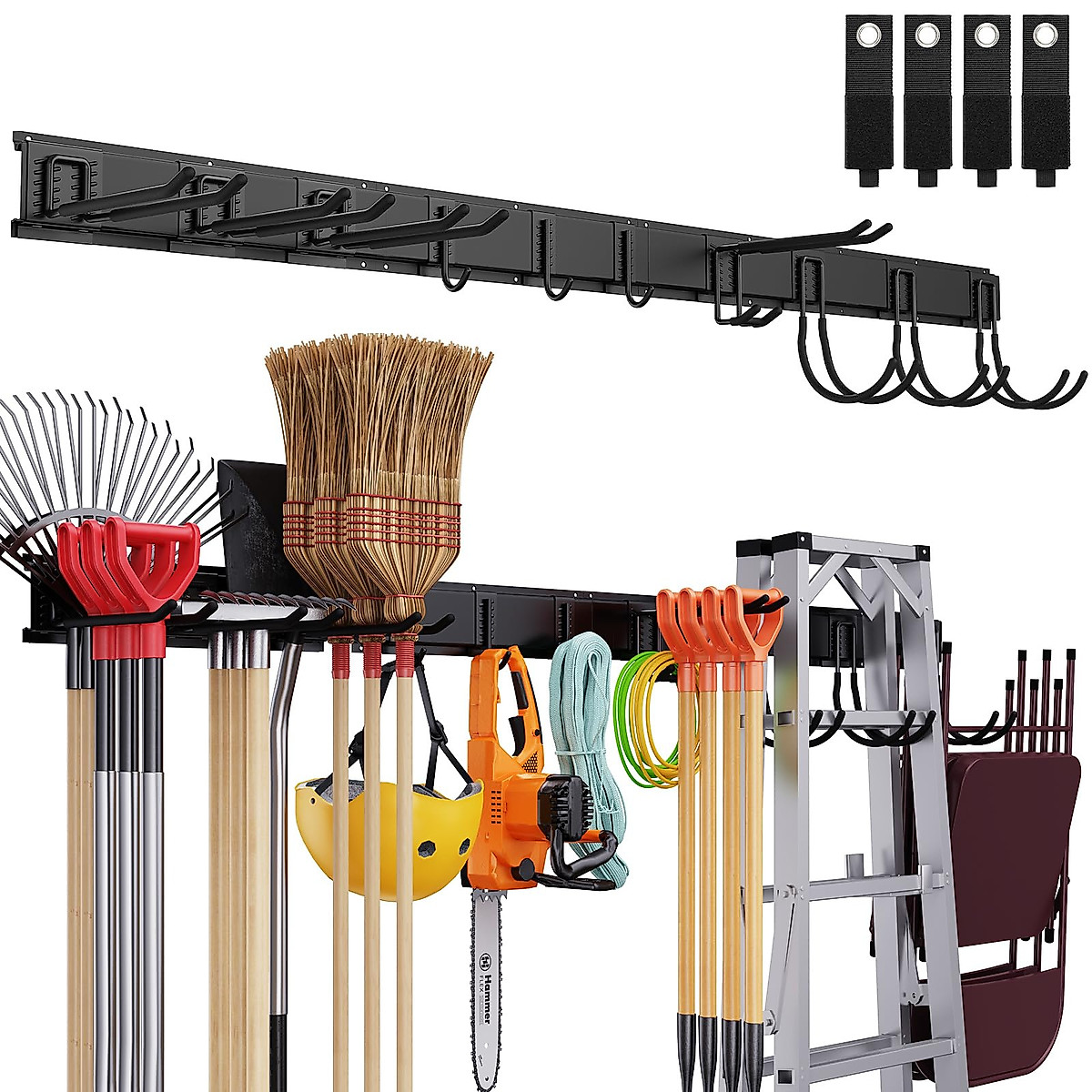 Tool Storage Rack Wall Mount, 64 Inch Adjustable Garden Tool Organizer, Heavy Duty Garage Wall Organizer Rack, Yard Tool Organizer System for Rake Shovel Broom Mop Wall Holder