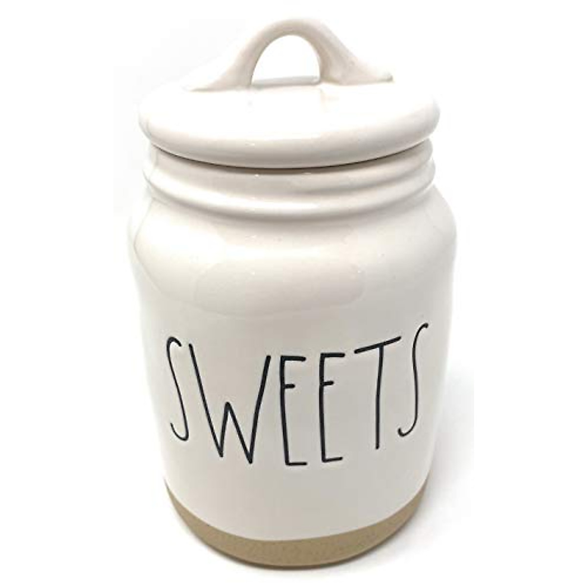 Rae Dunn SWEETS Small White Ceramic Canister with Sand Stone Accent at Base Inscribed