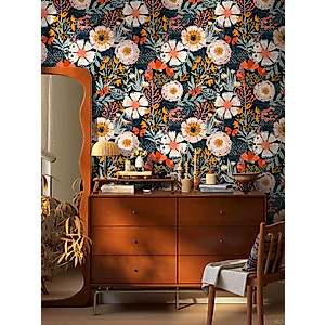 HAOKHOME Boho Peel and Stick Wallpaper Floral Wall Paper Removable for Bedroom Navy/Pink/Orange Contact Paper 17.7in x 9.8ft