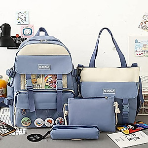 Timtram Cute Kawaii Canvas Backpack 4Pcs Set, Backpack, Pencil Pouch, Shoulder Bag, Lunch Bag, for Girls Boys, Give away bear pendant, cards, badges (Blue)