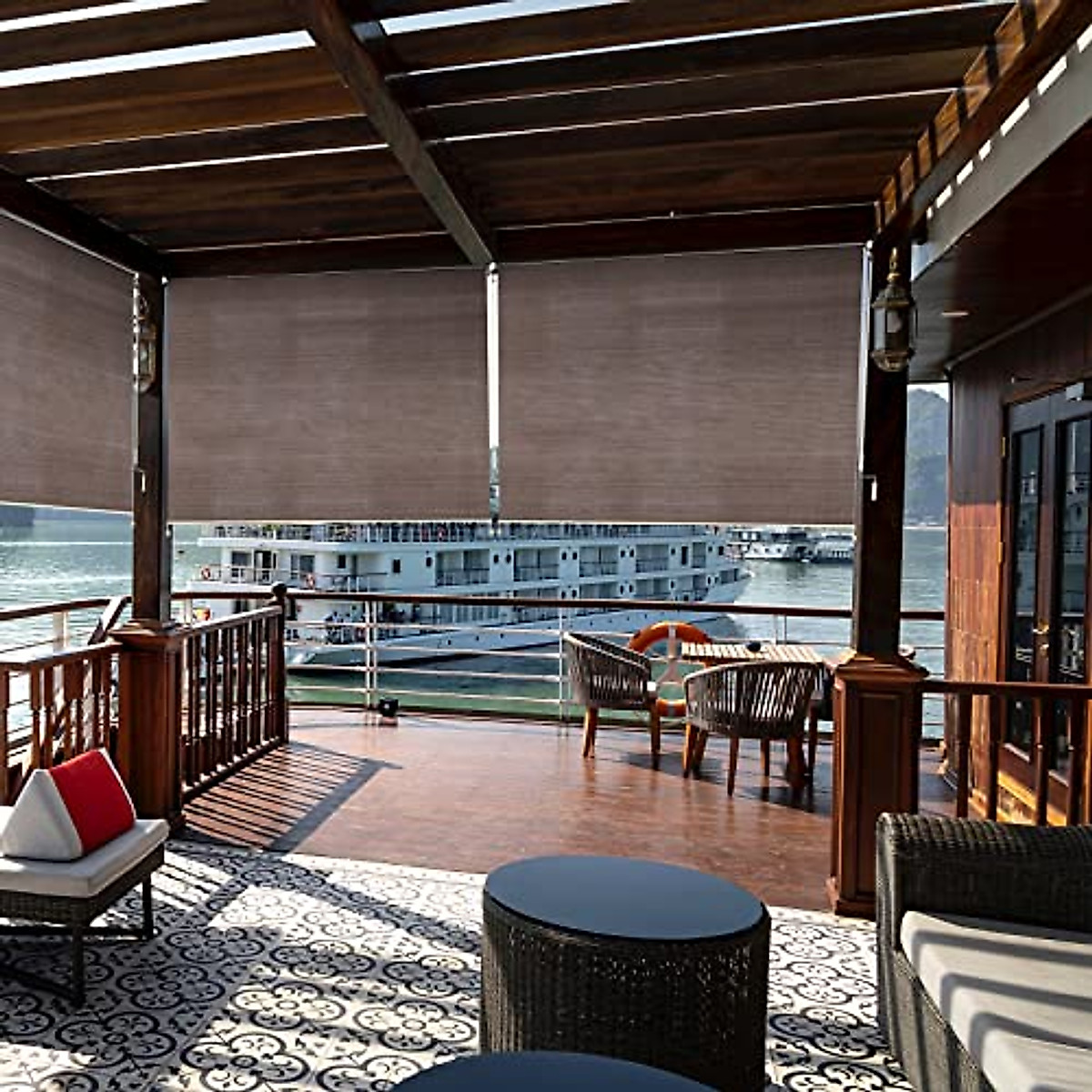 HENG FENG Outdoor Roller Shade Cordless 8'W x 6'H Brown Patio Shades Roll Up Outdoor Blinds Exterior for Porch Gazebo Pergola Backyard Deck