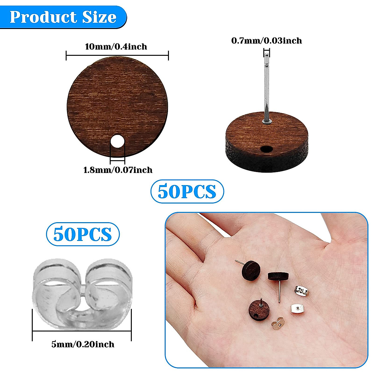 Wooden Earring Studs for Jewelry Making,100Pcs Wood Earring Posts Earrings Findings Wood Round Stud Earrings with Loop Earring Pin Stud Bulk with Earrings Backs for DIY Earrings Making Supplies