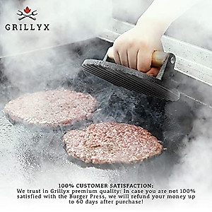 Grillyx Cast Iron Burger Press with Birchwood Handle - (ø7) - Smash Burger Press - Hamburger Press Incl. 50 Sheets of Burger Press Patty Maker Paper