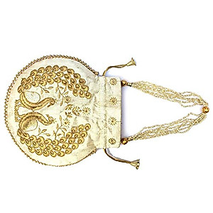 Indian Ethnic Designer Embroidered Silk Potli Bag Batwa Pearls Handle Purse Clutch Purse for Women Evening Party (White)