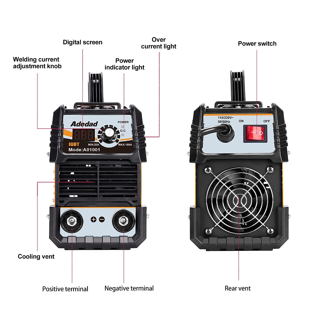 Adedad Welding Machine 160Amp, 110/220V Stick ARC Welder Machine, IGBT Inverter Digital Display LCD MMA Welder, Built-in Hot Start ARC Force Portable Electric Welding Machine, Beginner Welder Kit