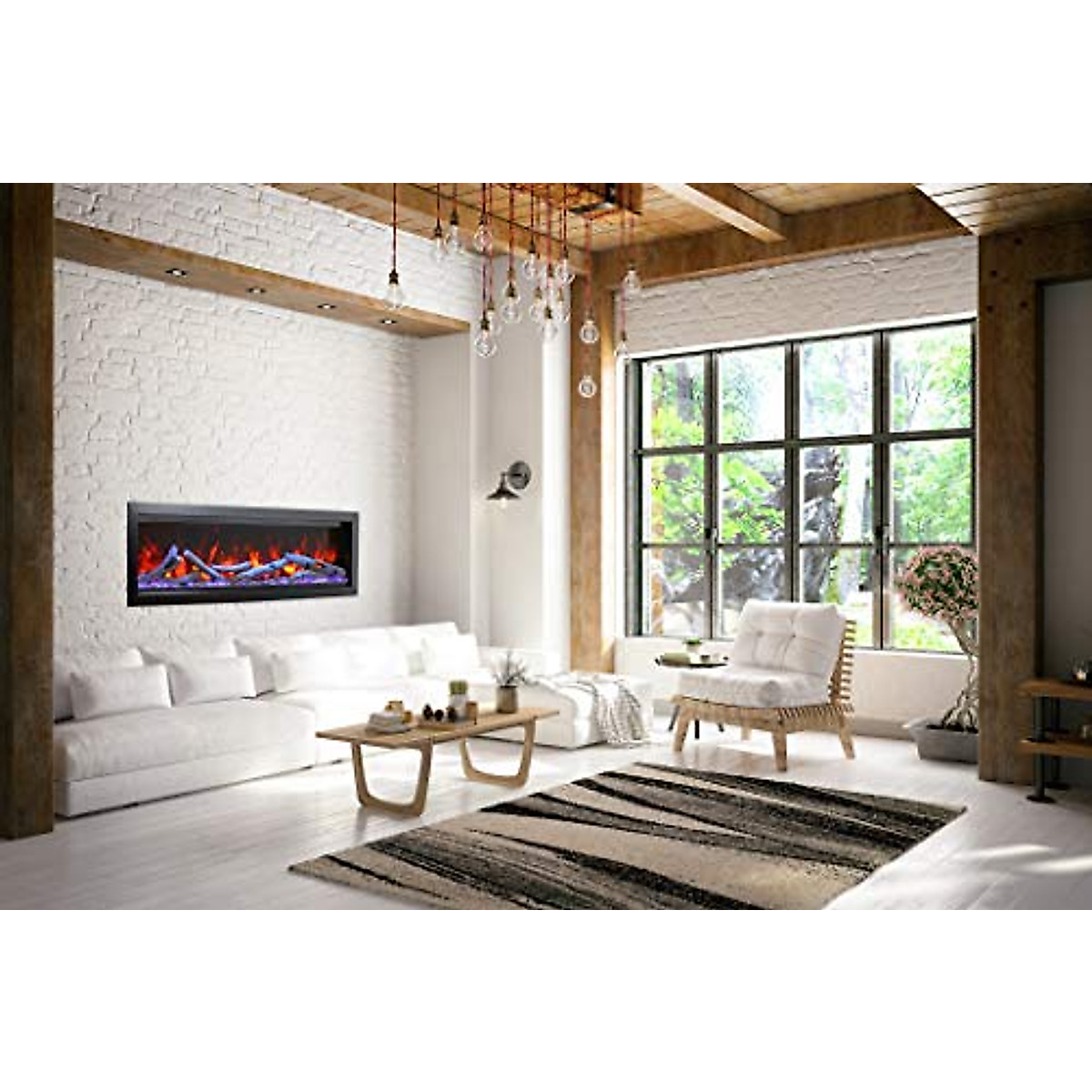 Amantii SYM-50-BESPOKE Symmetry Series Bespoke 50-Inch Built-in Electric Fireplace with Remote, Birch Log Media, Black Steel Surround