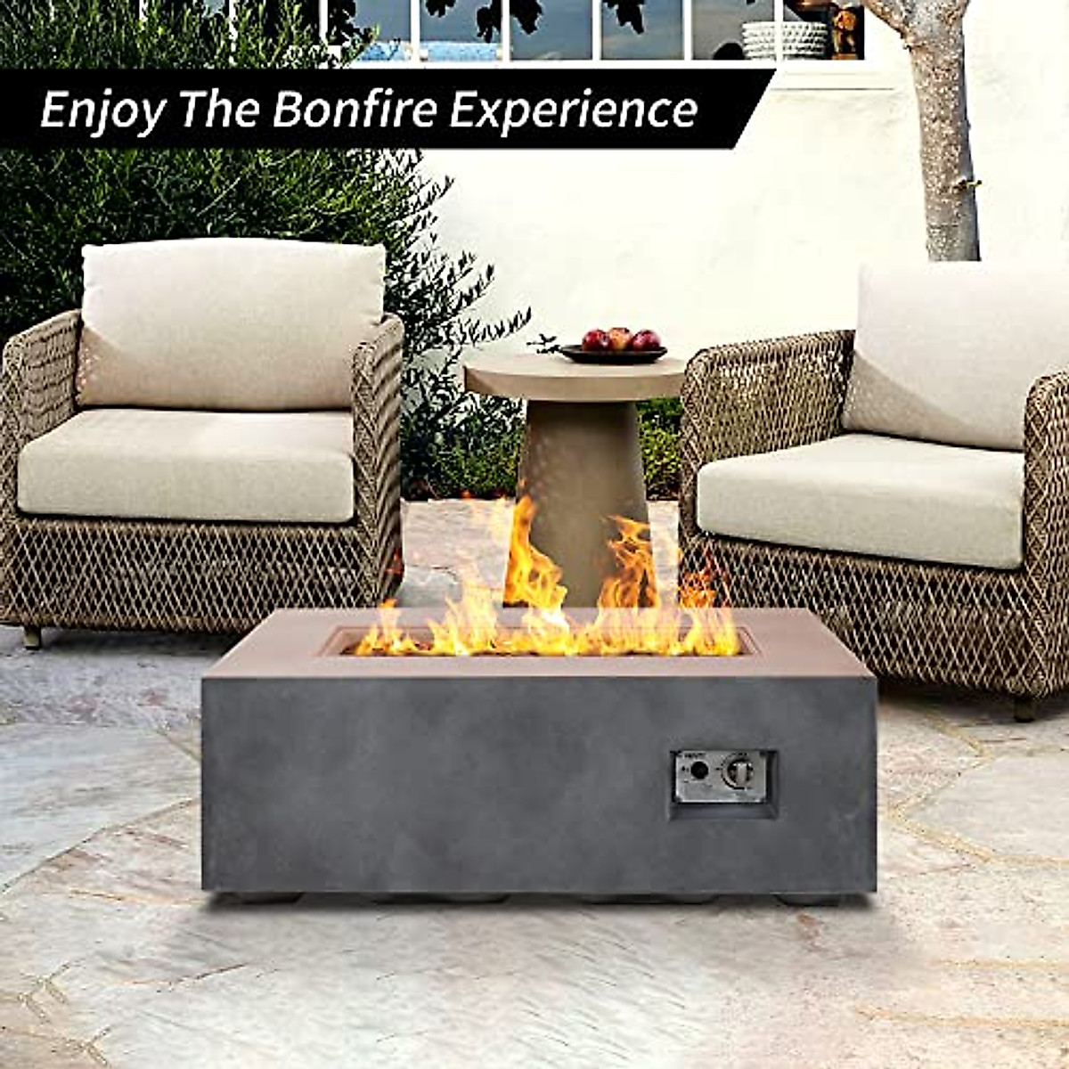 Kante 42 Inches Outdoor Propane Fire Pit Table, Rectangular Concrete Smokeless Gas Fire Pit Table for Patio Garden, 50,000 BTU Stainless Steel Burner, Waterproof Cover, Natural Concrete (A-R01-81921)