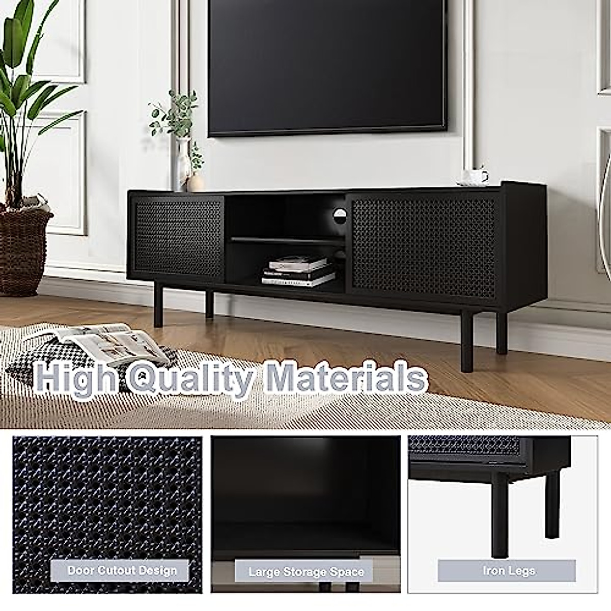 ORRD TV Stand for TVs Up to 70 Inch, Accent Iron Rattan Storage Cabinet Television Stands Entertainment Media Center Console Table with Sliding Barn Door and Adjustable Shelves for Living Room