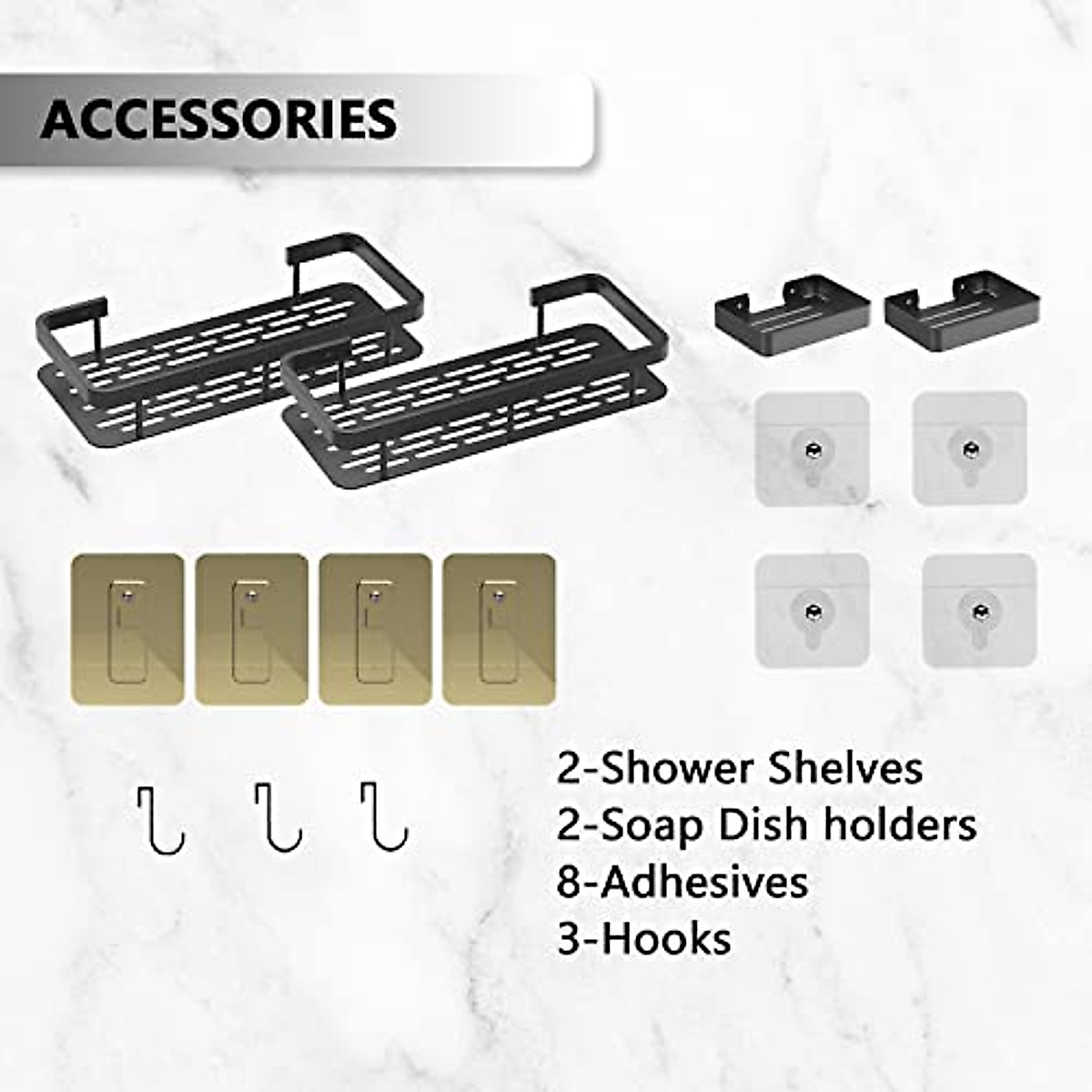 ZVOSOO Shower Caddy, Rustproof Black Bathroom shower organizer,Stainless Steel Shower Shelves with 3 Hooks & 2 Soap holders,No Drilling Traceless Adhesive Shower caddy basket,Shower Storage Organizer