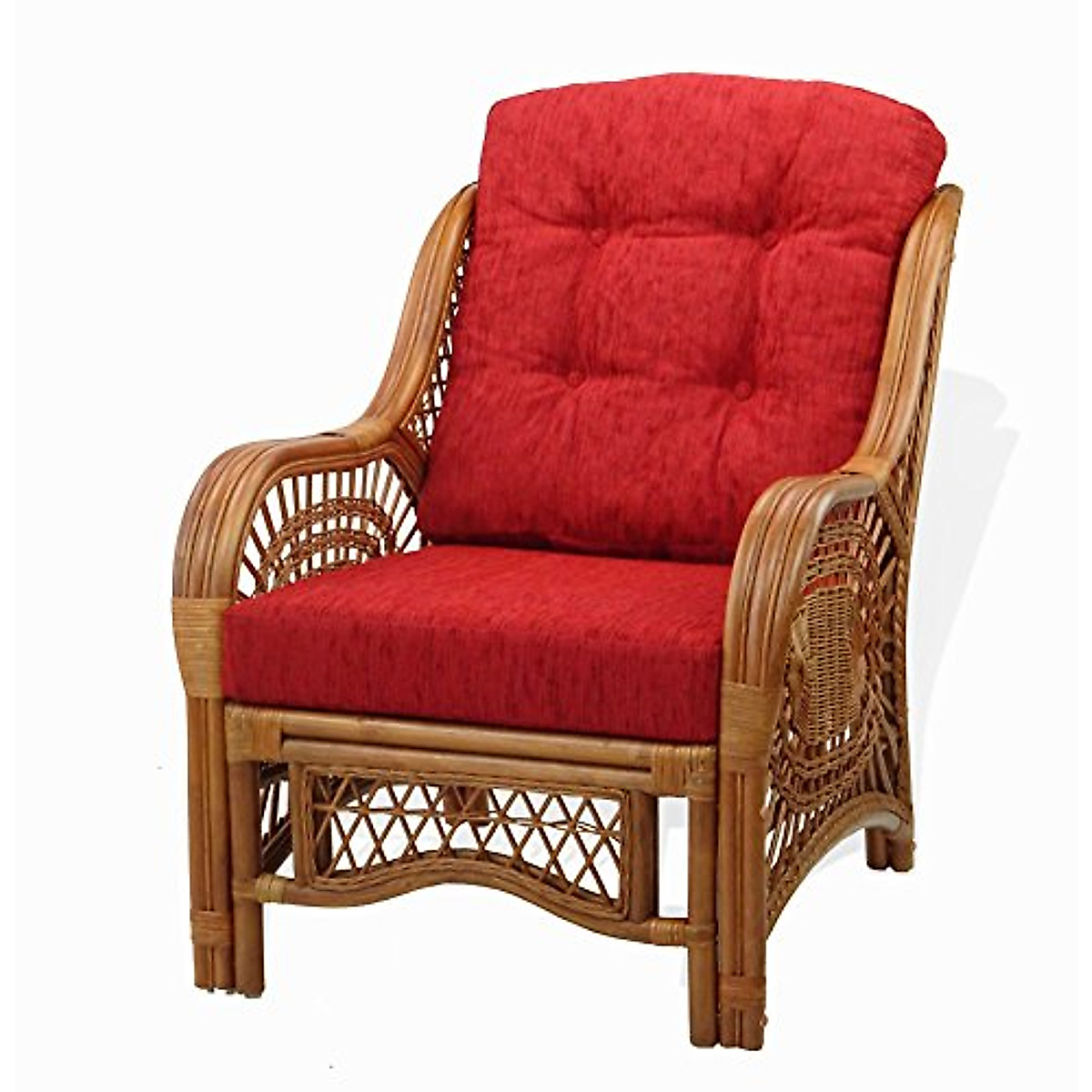 Malibu Lounge Living Accent Armchair Natural Rattan Wicker Handmade Design with Red Cushion, Colonial