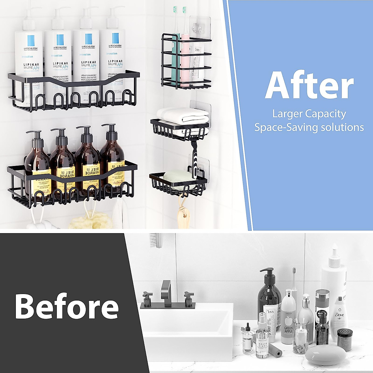 kitims Adhesive Shower Caddy, 5 Pack Shower Organizer Hanging with Large Capacity Stainless Steel Shower Organizers and Storage Rustproof Shower Shelf for Inside Shower, No Drilling, Black