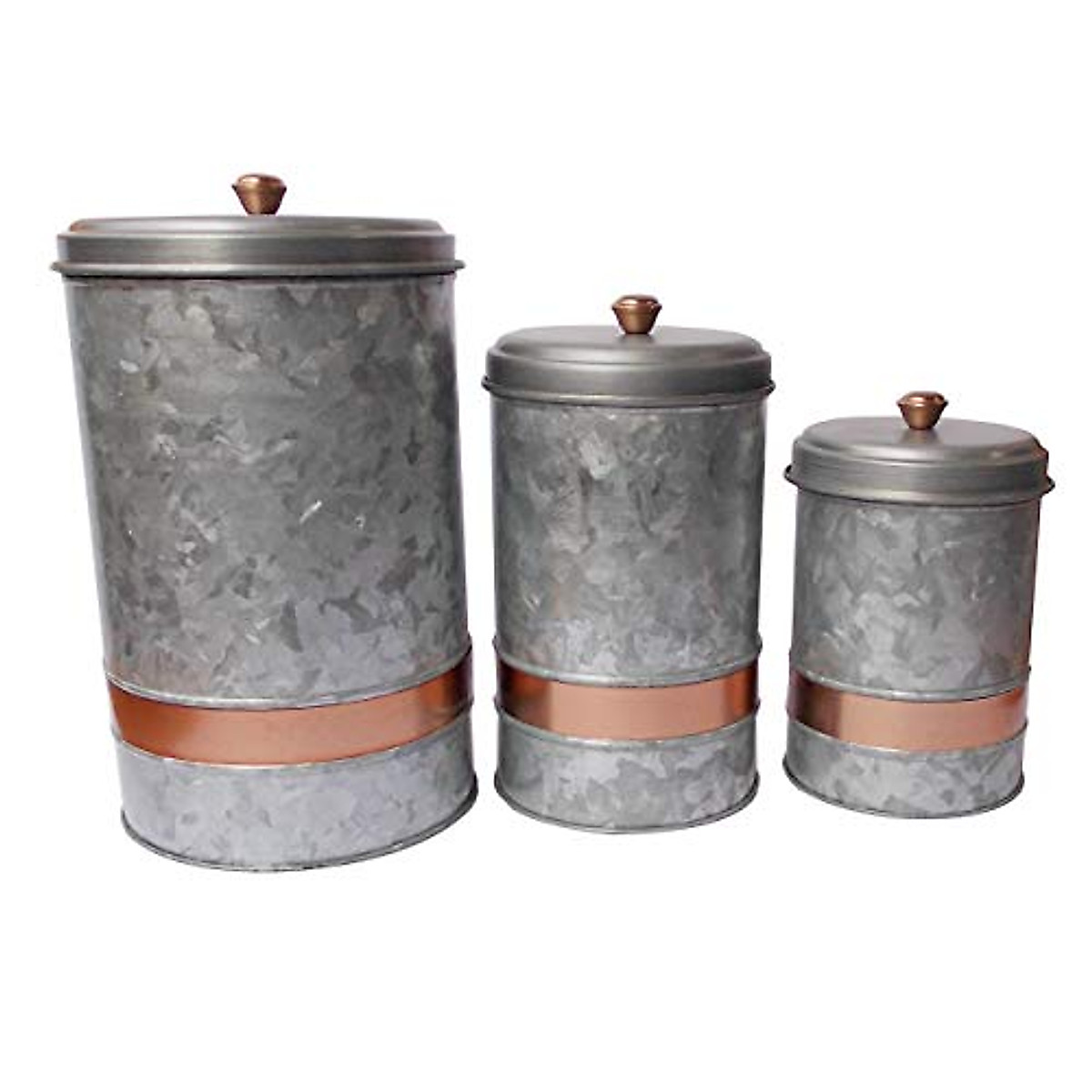 Benjara, Gray Galvanized Metal Lidded Canister with Copper Band, Set of Three, 3 Count