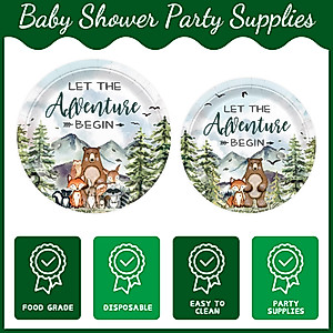 230pcs Let The Adventure Begin Party Supplies Baby Shower Plates Napkins Adventure Tableware Set Disposable Cups Forks Tablecloth Banner and Balloons for Baby Shower Party Decorations Serve 24