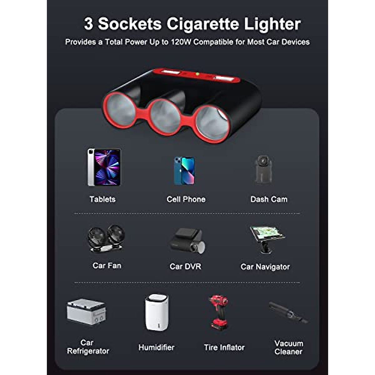 120W Car Cigarette Lighter Splitter, 3 Socket Car Splitter 12V/24V Dual USB Car Charger Adapter for iPhone, iPad, GPS, Dashcam, Radar Detector and More
