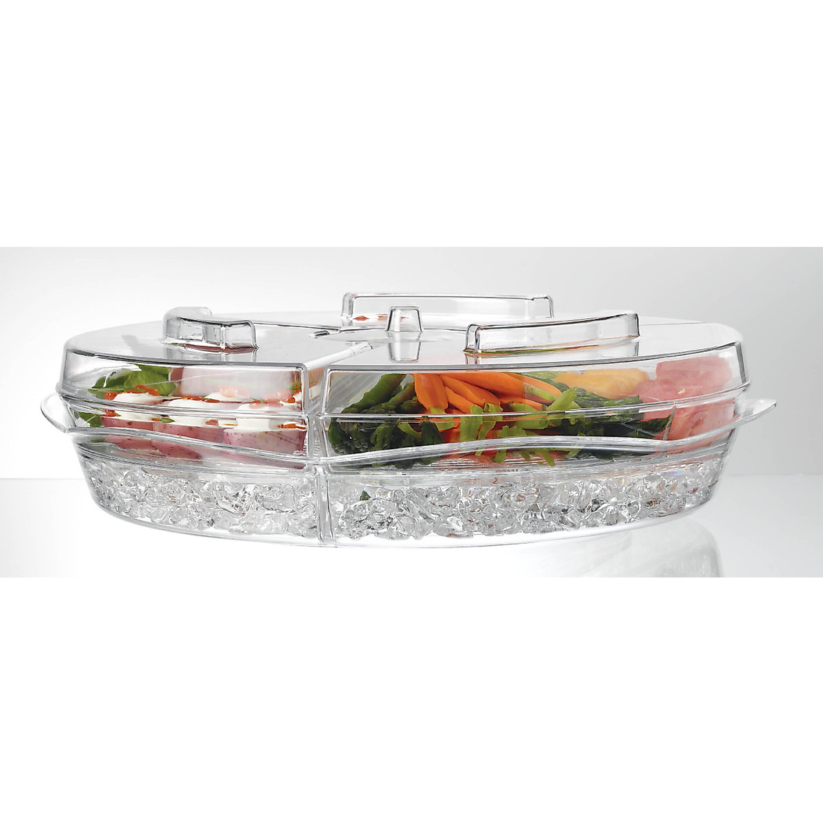 Prodyne Appetizers on Ice with Lids, 16", Clear and Prodyne Bowl, ICED Salad-4 Qt, Off-White