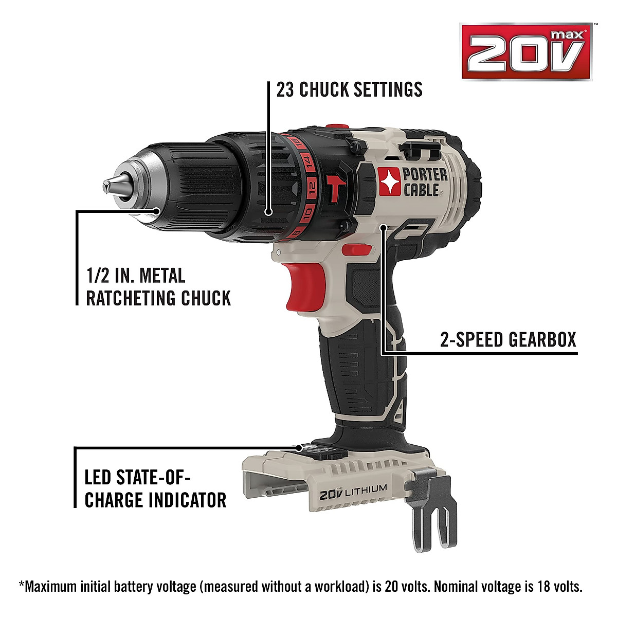 PORTER-CABLE 20V MAX* Hammer Drill, Tool Only (PCC620B),Black Gray