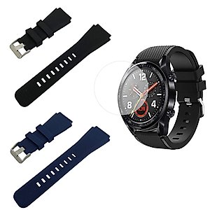 SourceTon Compatible with Huawei Watch GT/Watch GT2 Silicone Bands and Screen Protectors, Silicone Replacement Wristbands (Black & Blue) with Metal Buckle and 2 Screen Films for Huawei Watch GT/ GT2