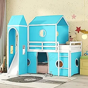 DEYOBED Twin Size Bunk Bed with Slide and Built-in Ladder, Wood Castle Loft Bed Frame with Blue Tent and Tower, Ideal Playhouse for Kids Boys Girls, Blue
