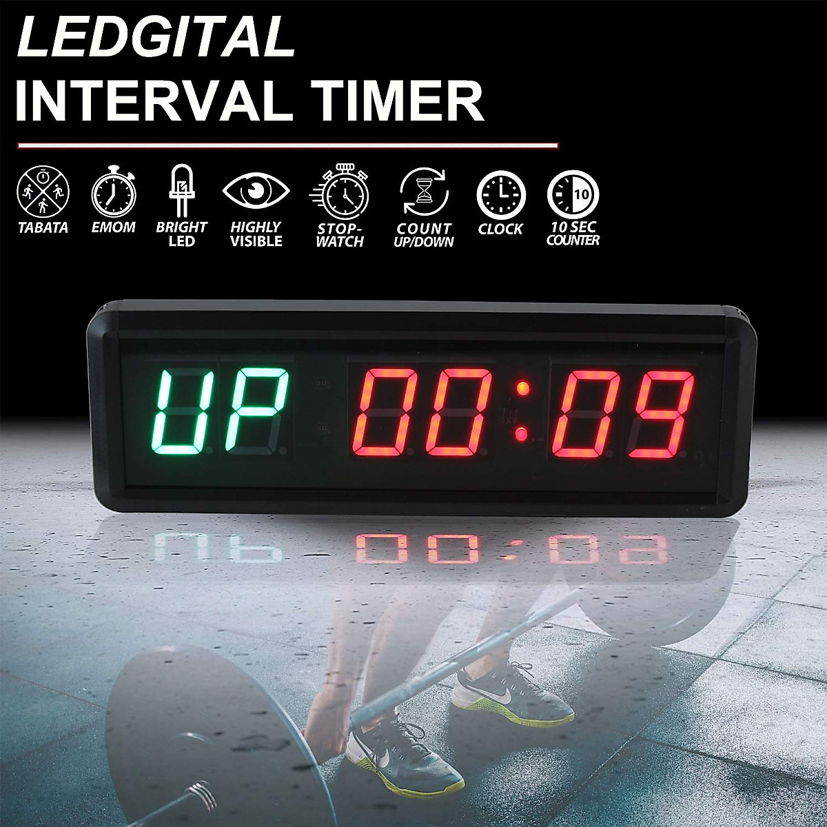 Ledgital Large Workout Clock for Home Gym, 11" Wall Mount Gym Timer Clock with Remote, (1.5-inch Digits, Green+Red)
