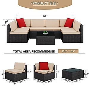 Greesum Patio Furniture Sets 7 Piece Outdoor Wicker Rattan Sectional Sofa with Cushions, Pillows & Glass Table, Beige
