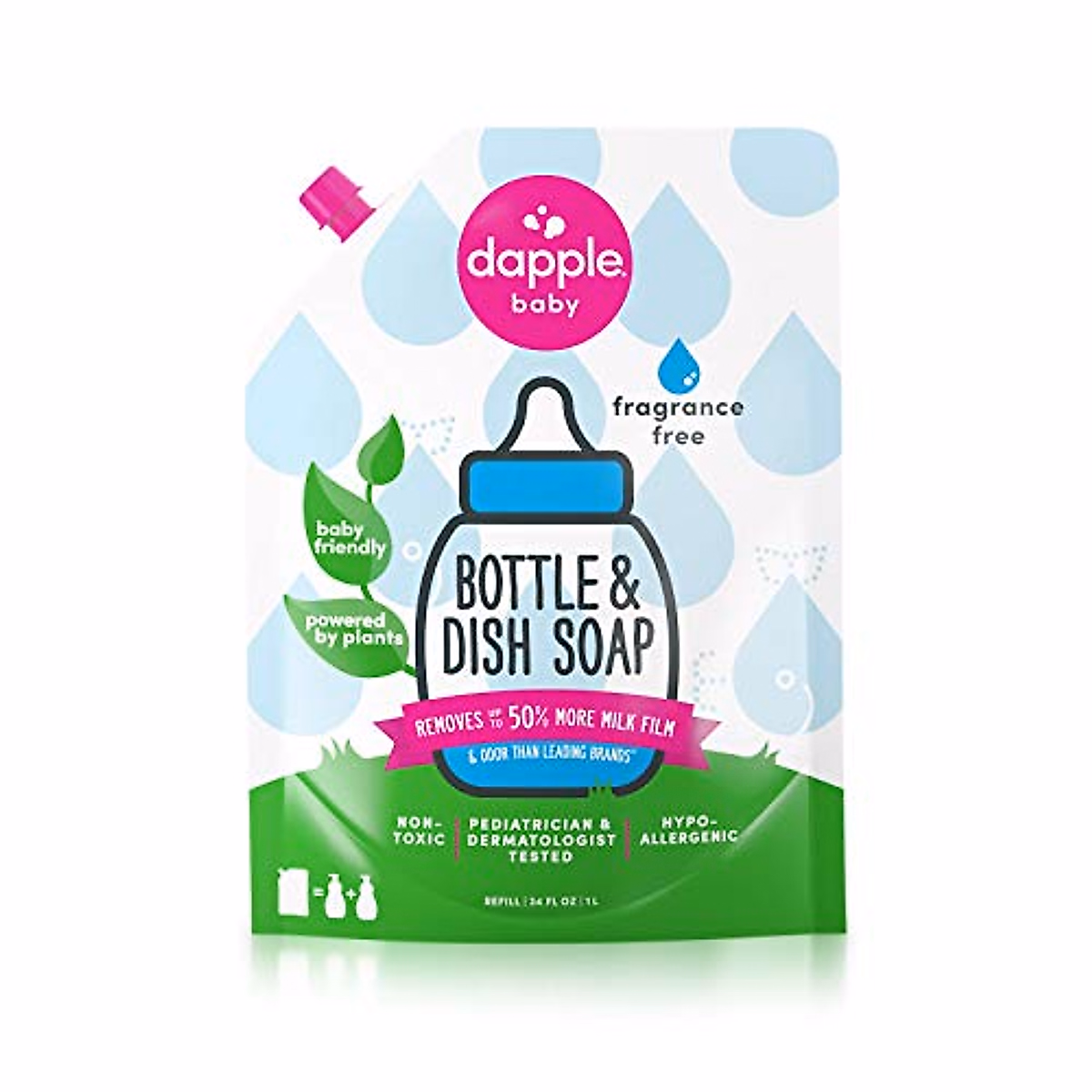 Dapple Refill Pack Baby Bottle and Dish Liquid, Fragrance Free, 34 Fluid Ounce