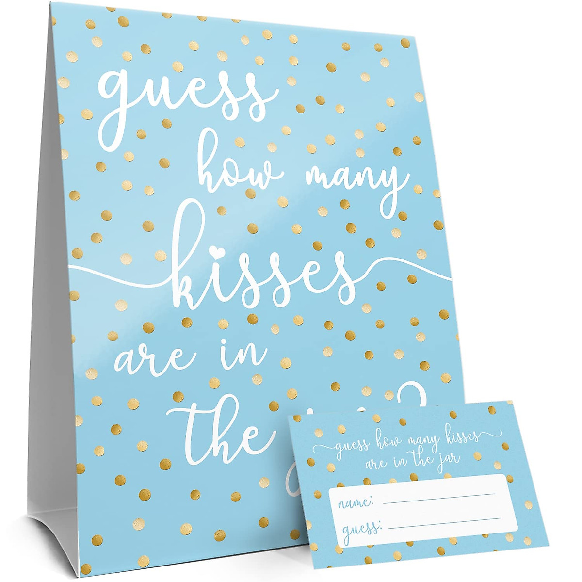 DISTINCTIVS How Many Kisses in the Jar Game - Blue and Gold - Bridal Shower or Wedding (Sign with Cards)