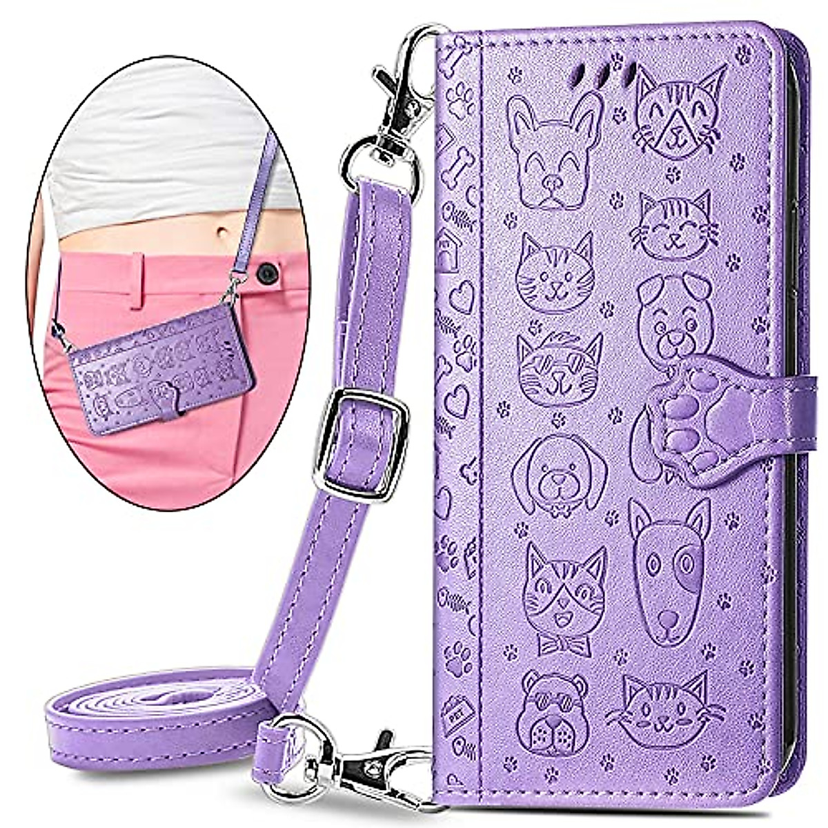 CCSmall Samsung Galaxy S21 FE (Not S21) Crossbody Cell Phone Wallet Case,Cute Cat Dog Cartoon Style Flip with Removable Lanyard Strap with Card Holde Cover for Samsung Galaxy S21 FE MGG Purple