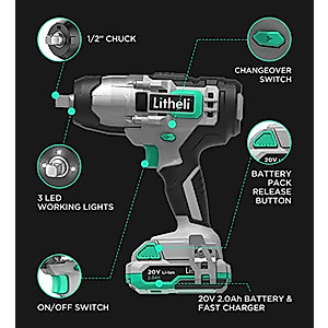Litheli Impact Wrench Cordless, 1/2 inch Power Impact Driver with 320 ft-lbs(430N.m) Max Torque, 20V Impact Gun Kit with 2.0Ah Li-ion Battery ＆ Fast Charger for Car Home