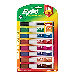 EXPO Magnetic Dry Erase Markers with Eraser, Chisel Tip, Assorted, 8 Count