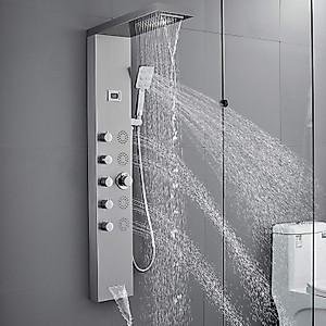 MENATT Shower Panel Tower System, SUS304 Stainless Steel 5-IN-1 Shower Column with 4 Body Massage Jets, Rainfall & Waterfall Shower, Handheld Shower, Bathtub Spout