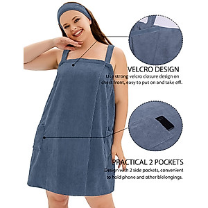 Women’s Terry Cloth Bath Towel Wrap with Adjustable Closure Elastic Robe & Facial Strap (M,Grey Blue)