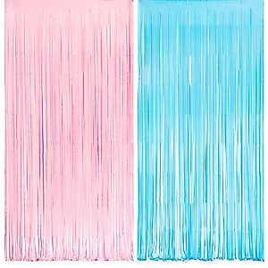 Pink and Blue Party Photo Backdrop - GREATRIL Foil Fringe Tinsel Streamers for Boy or Girl/Pastel/Easter/Birthdays Party Decoration - 3.2ft X 8.2ft - 2 Packs