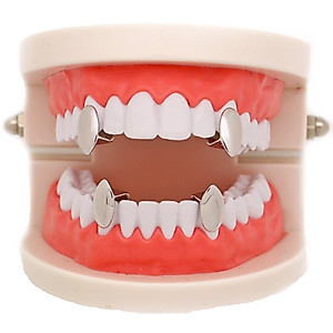 LuReen Silver 4 PC Vampire Dracula Single Metal Fangs Hip Hop Teeth Grillz Set for Halloween Costume Cosplay