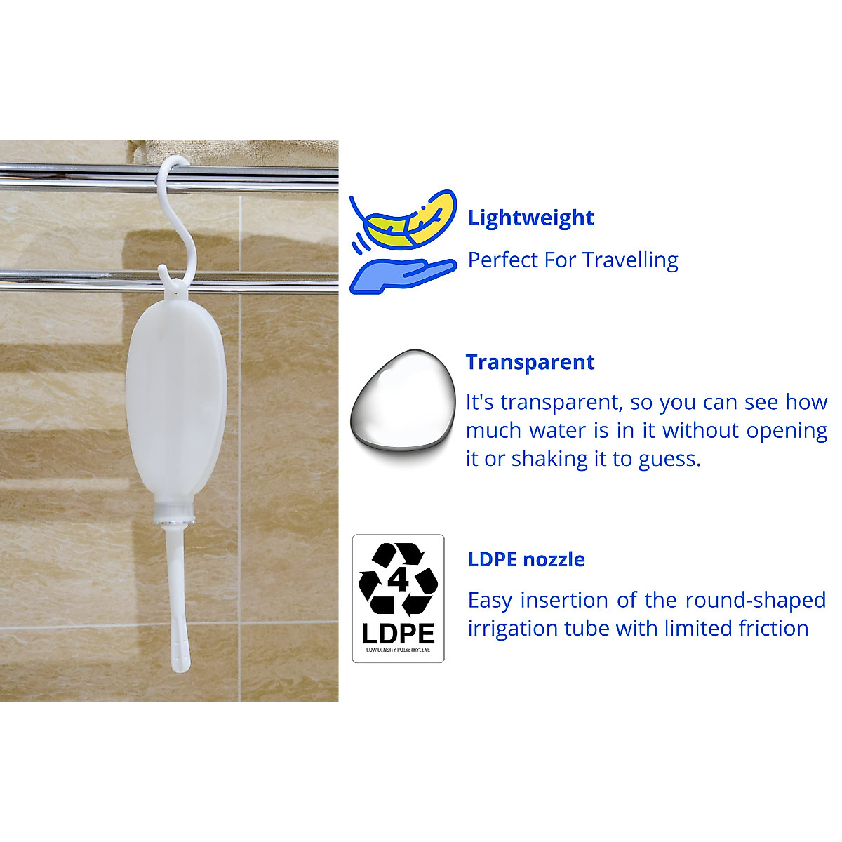 RVDKBULB Compact Silicone Douche Bag, Pocket size Reusable Travel Douche Kit, 24 Fl Oz Capacity, White