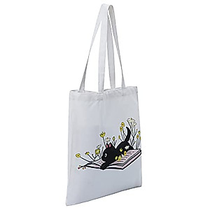 Canvas Aesthetic Tote Bag for Women,Cute Flower cat book tote bag Shopping Bags Shoulder Bag Reusable Grocery Bags (lying down)