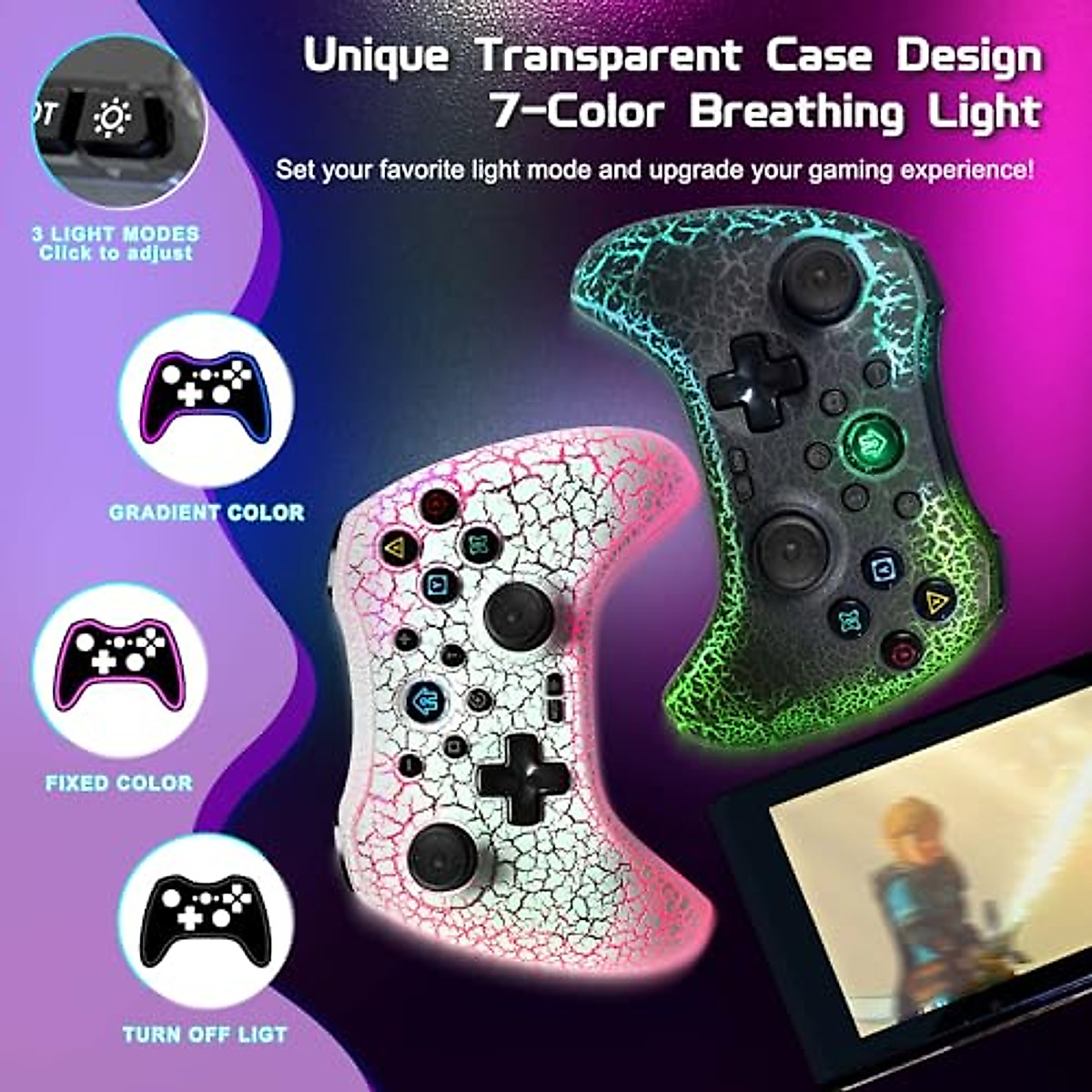 Joso Wireless Controller, Phone Controller for Gaming RGB Light, Game Controller for Switch/PC/iPad/Tablet/Android/iPhone Game Controller with Phone Clip, Custom Buttons, Macro, Turbo, Dual Vibration
