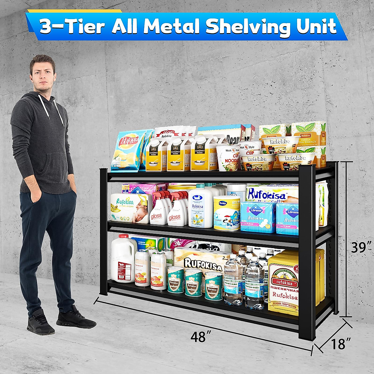 Rufokisa 3-Tier Garage Shelving Heavy Duty，48" W Metal Shelving Unit for Garage, 1650 lbs Load Capacity Utility Rack Shelves＆ Garage Shelves, 48”W x 18”D x 39”H(Black)