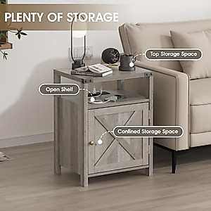 Fameill Nightstands Set of 2, Night Stand with Charging Station, Bed Side Table with Storage Cabinet, Farmhouse End Table for Living Room with USB Ports and Outlets, Gray