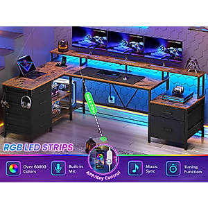 UPOSOJA L Shaped Gaming Desk with Power Outlet, 78" Reversible Corner Computer Desk with File Drawers & LED Strip, Home Office Desk with Storage Shelves Monitor Shelf CPU Stand Mouse Pad Brown