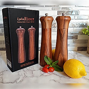 Wooden Salt and Pepper Grinder Set - Premium Acacia Wood Grinders with Adjustable Ceramic Grinding Mechanism - 8 inch Refillable Salt and Pepper Mills