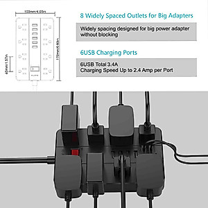 Power Strip with USB,AOFO Extension Cord 8 Widely Spaced Outlets and 6 USB Charging Ports Surge Protector for iPhone iPad PC Home Office Travel, 5 Feet Long Cord, Black
