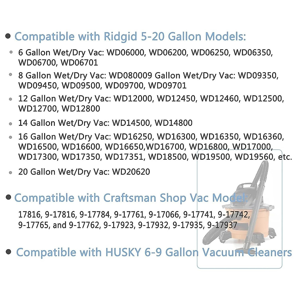 VF6000 Wet/Dry Replacement Filter for Ridgid 5-20 Gallon Wet Dry Vacuums WD5500 WD0671 WD6425 WD7000 WD1280 WD1851 WD1680 WD1956 RV2400A 1400RV RV2600B,Fit for Husky 6-9 Gallon Vacs 2 Pack