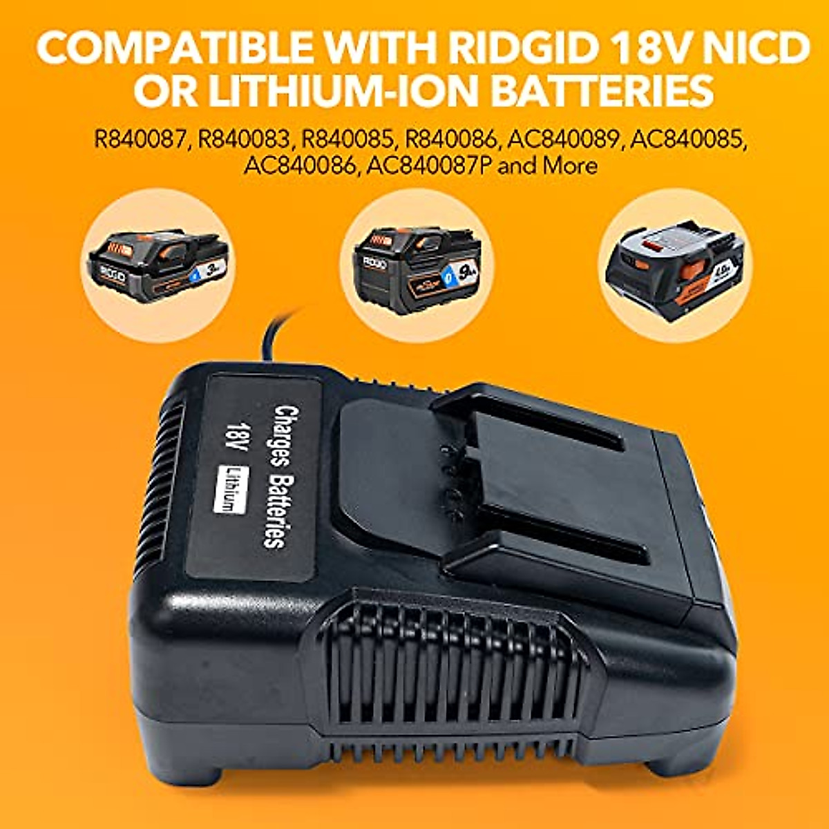 Wokyy 18 Volt Dual Chemistry Battery Charger R86092 R86091 Replacement for Ridgid 18V NiCad or Lithium Ion Battery R840083, R840085, R840086, R840087, R840089 and More