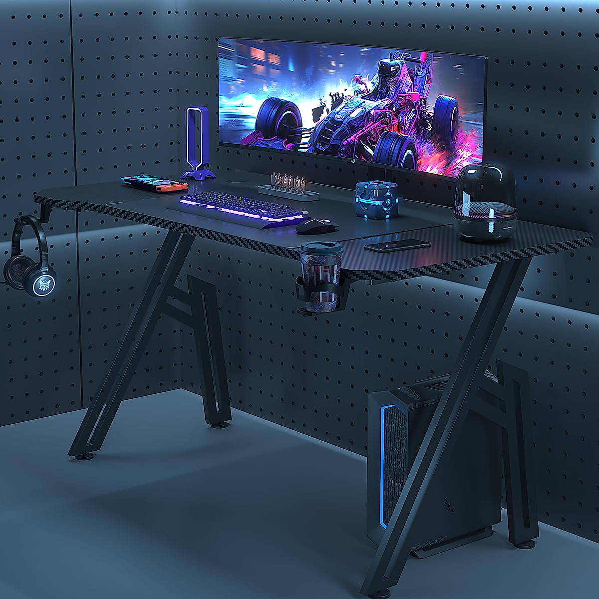 WEMUZVIU 47 Inch Gaming Desk, Ergonomic Carbon Fiber Surface Computer Table, A-Shaped PC Gamer Workstation with Cup Holder & Headphone Hook, Home Office Desk (ZK-A, 47 INCH)