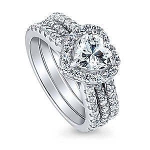 BERRICLE Sterling Silver Halo Wedding Engagement Rings Cubic Zirconia CZ Heart Insert Ring Set for Women, Rhodium Plated Size 9.5