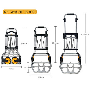 LAKEEN Trolleys，Heavy Duty Dolly cart 440 lb Capacity Aluminum Portable Cart with 7 inch Rubber Silent Wheels and Bungee Cord for Moving,Luggage Handling.