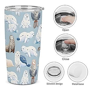 KIOWEIR Cute Seal Big White Bear Owl Stainless Steel Tumbler 20oz With Lid And Straw, Insulated Tumblers Coffee Cup, Travel Mug for Ice Drink & Hot Beverage for Women Men Boys Girls